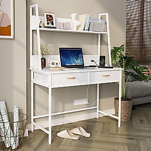 JOINHOM Home Office Desk with Drawers - Small Desks with Hutch & Book Shelves, Study Table for Small Spaces, Computer Desk with Power Outlet and USB Charging Ports, White