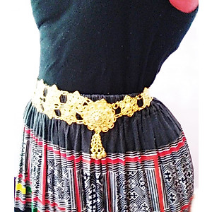 PunPund Belt Thai Gold Plate Star Flower Vintage Women Thailand Costume Wedding Chain Dress Dance Ram Thai 40-41 Inches