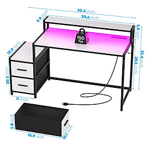 GreenForest Small Desk for Bedroom, 39.4 inch Computer Desk with 2 Drawers, Gaming Desk with LED Light and Power Outlet, Reversible Office Desk with Monitor Stand, Desk for Small Spaces, White