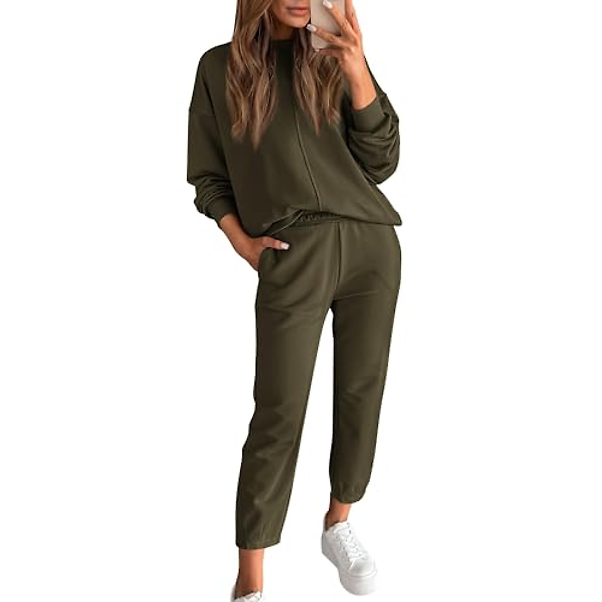 BTFBM Women's Fall Winter Sweatsuits Long Sleeve Sweatshirt Jogger Pants Lounge Sets 2 Piece Tracksuit Outfits Pockets(Solid Army Green, Medium)