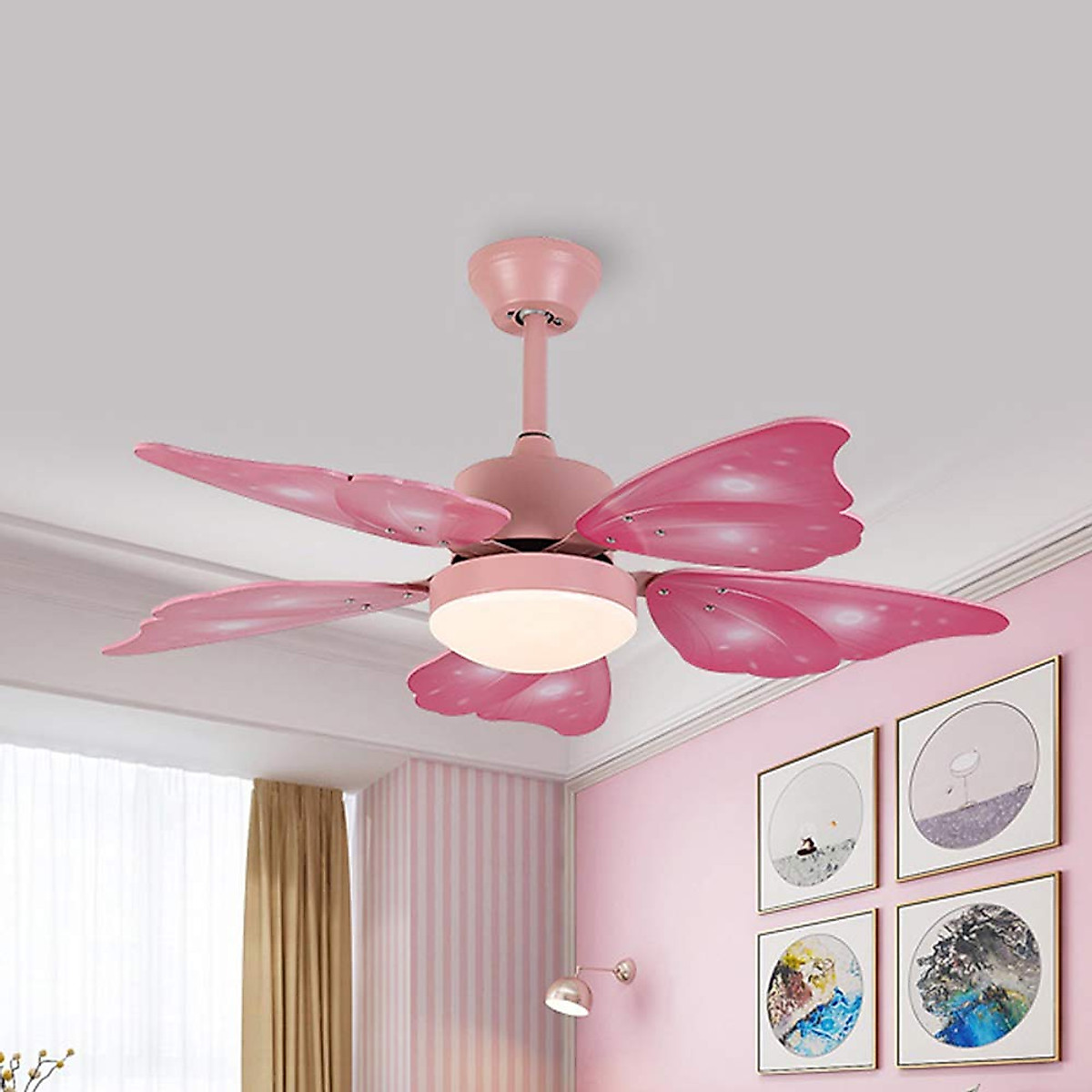 KWOKING Lighting Creative Butterfly Wing Ceiling Light and Fan with Remote Control 5 Blades LED Bedroom Hanging Fan Light Adjustable Speed for Kids Bedrooms - Pink