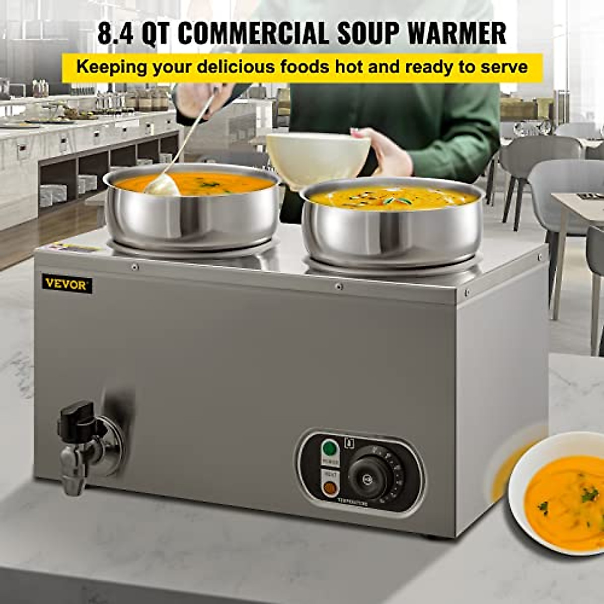 VEVOR 110V Commercial Food Warmer 8.4 Qt Capacity, 500W Electric Soup Warmer Adjustable Temp.86-185℉, Stainless Steel Countertop Soup Pot with Tap, Bain Marie Food Warmer for Cheese/Hot Dog/Rice
