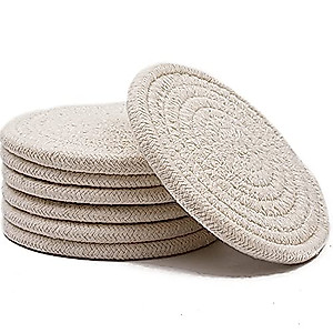 Absorbent Drink Coasters Handmade Braided Drink Coasters 6 Pack (4.3 Inch, Round, 8mm Thick) Super Absorbent Heat-Resistant Coasters for Drinks Great Housewarming Gift (Beige, 6 Pack)