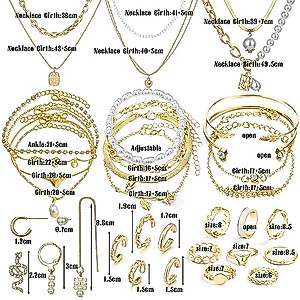 17IF 36 Pcs Gold Jewelry Set with 8 Pcs Rings, 6 Pcs Necklace, 12 Pcs Bracelet and 10 Pcs Earring Ear Cuff for Women Fashion Indie Costume Jewerly Pack for Anniversary Birthday Friendship MerryChristmas Party Gift
