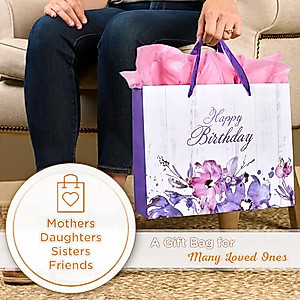 Christian Art Gifts Three Piece Landscape Gift Bag w/Card & Tissue Paper Set for Women: Happy Birthday - White & Purple Blooming Spring & Summer Floral for Moms, Grandmas, Sisters, Girlfriends, Large