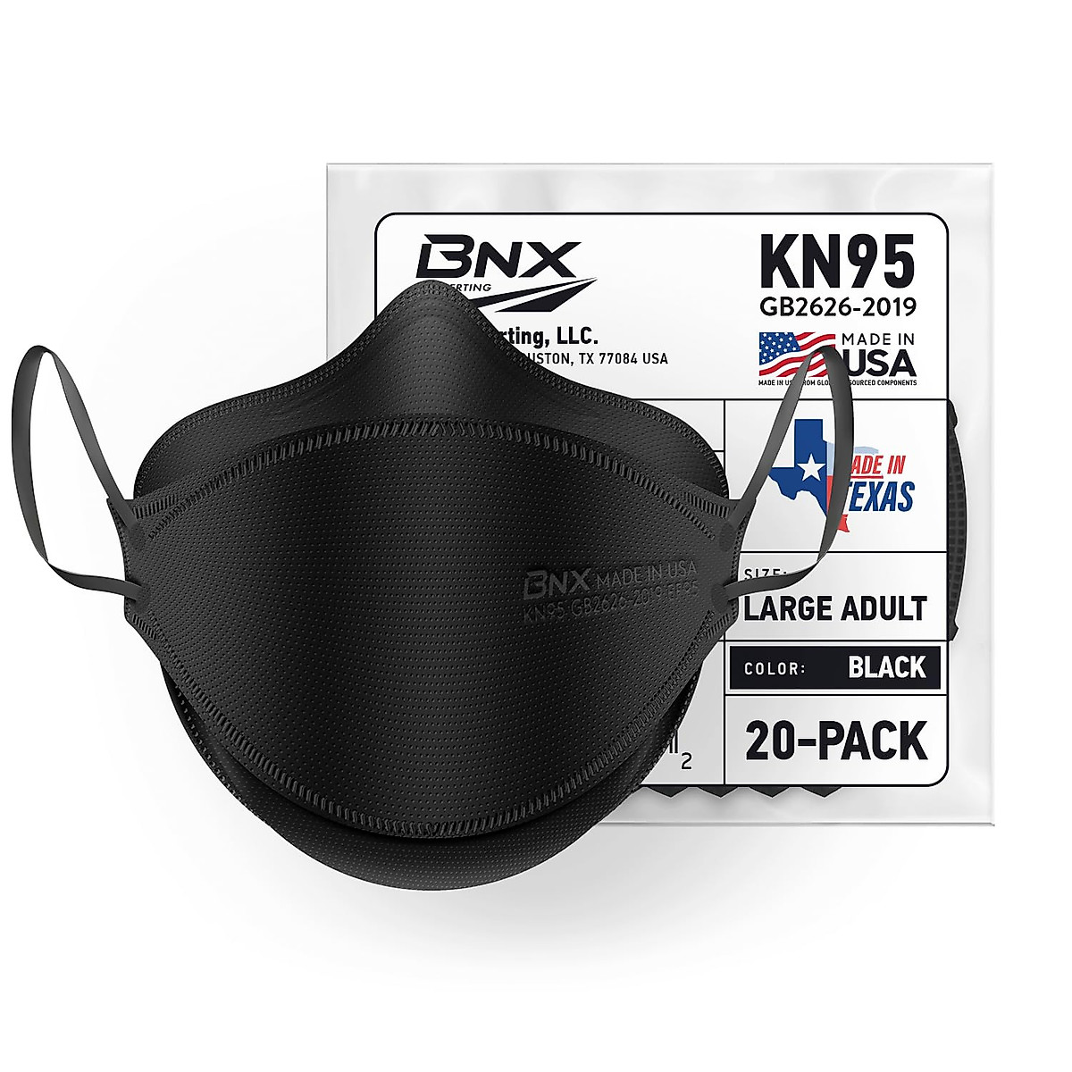 BNX 20-Pack KN95 Face Masks, Disposable Particulate KN95 Mask Made in USA, Tri-Fold Cup/Fish Style