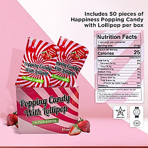 Happiness USA 50 PCS Popping Candy with Fun Dip Lollipop - All Natural No Artificial Colors or Flavors Pop Rocks Candy | Individually Wrapped Kosher Pareve Candy Pop | Non Dairy Pop Rocks Strawberry