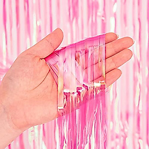 BRAVESHINE Foil Fringe Curtains Party Decorations - Clear Pink Metallic Tinsel Photo Booth Streamer Backdrops for Birthday Baby Showers Unicorn Weeding Bachelorette Graduation Backdrop - 4 Packs 3.2 x
