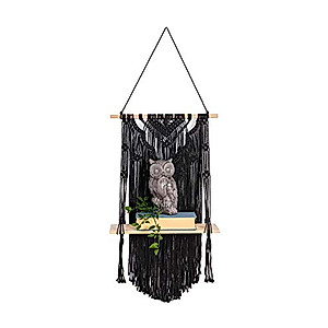 KALTEK Black Macrame Shelf with Flower Design | Boho Style with Floating Wood Shelf | Beautiful Handmade Black Macrame Shelf for Hanging Plants and Decor | Boho Wall Decor with Macrame Rope Shelving