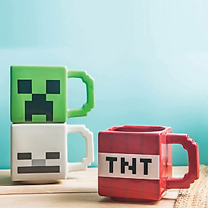 Zak Designs Minecraft Mug Unique 3D Sculpted Ceramic Coffee Cup 3 Piece Set, Collectible Keepsake Square Coffee Mugs (21oz, Creeper & Skeleton & TNT)