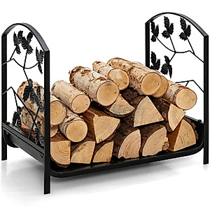 Firewood Rack Outdoor Indoor, Fireplace Wood Storage Holder with Exquisite Leaf Patterns, Heavy Duty Logs Rack Stand, Fire Wood Rack Bracket for Stove Fire Pit, 110 lbs Load Capacity, Easy Assembly