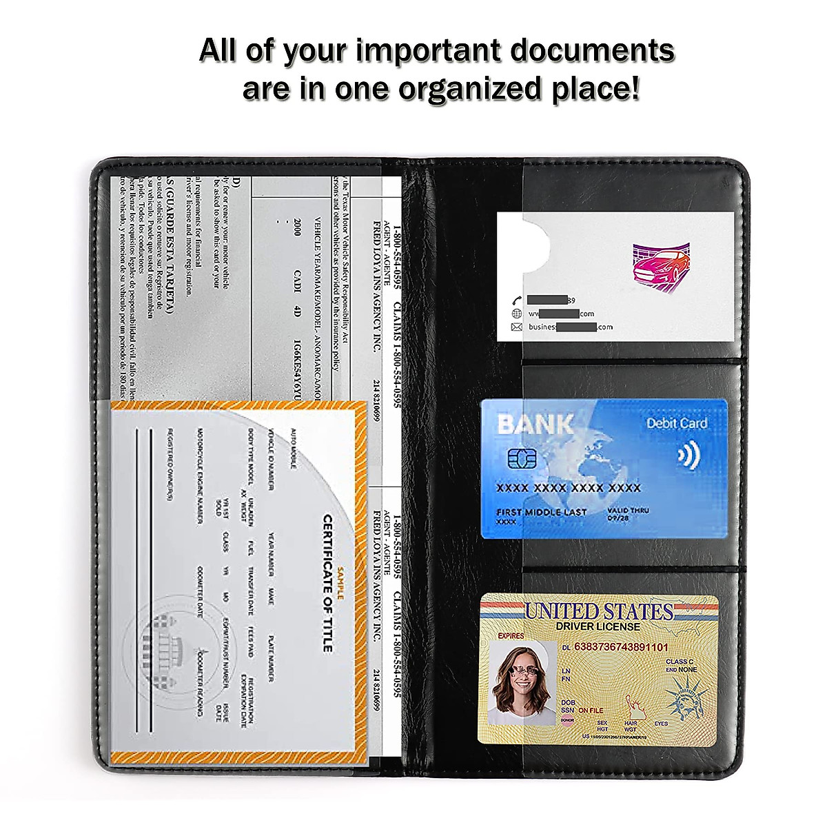 UYYE Auto Car Registration and Insurance Holder - PU Leather Vehicle Glove Box Organizer Wallet, Interior Accessories Case Holder for Essential Automobile Documents（Black）