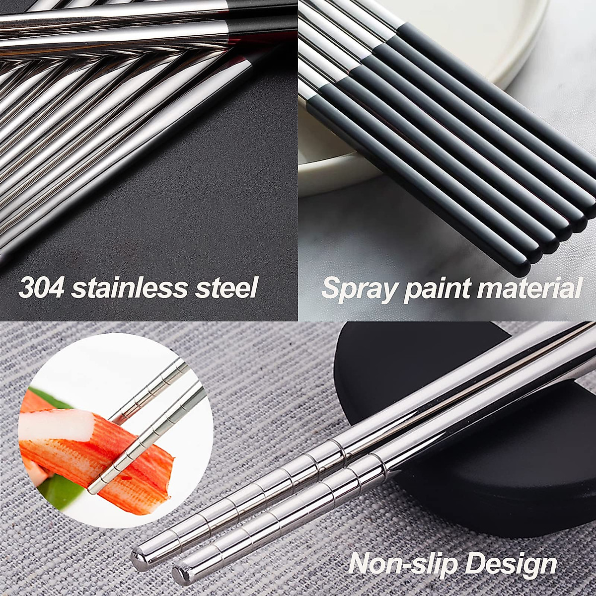 5 Pairs Stainless Steel Chopsticks, Slivek Reusable Premium Lightweight 304 Metal Chopsticks Dishwasher Safe, Non-slip, Lightweight, 9.05 inches (Black Silver)
