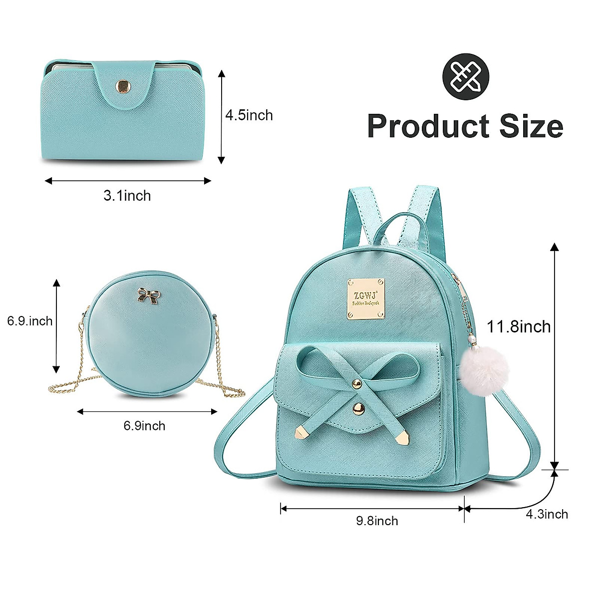 Aogist Mini Leather Backpack Purse 3-Pieces Fashion Bowknot Zipper Bags Cute Casual Travel Daypacks for Women Pearl Blue