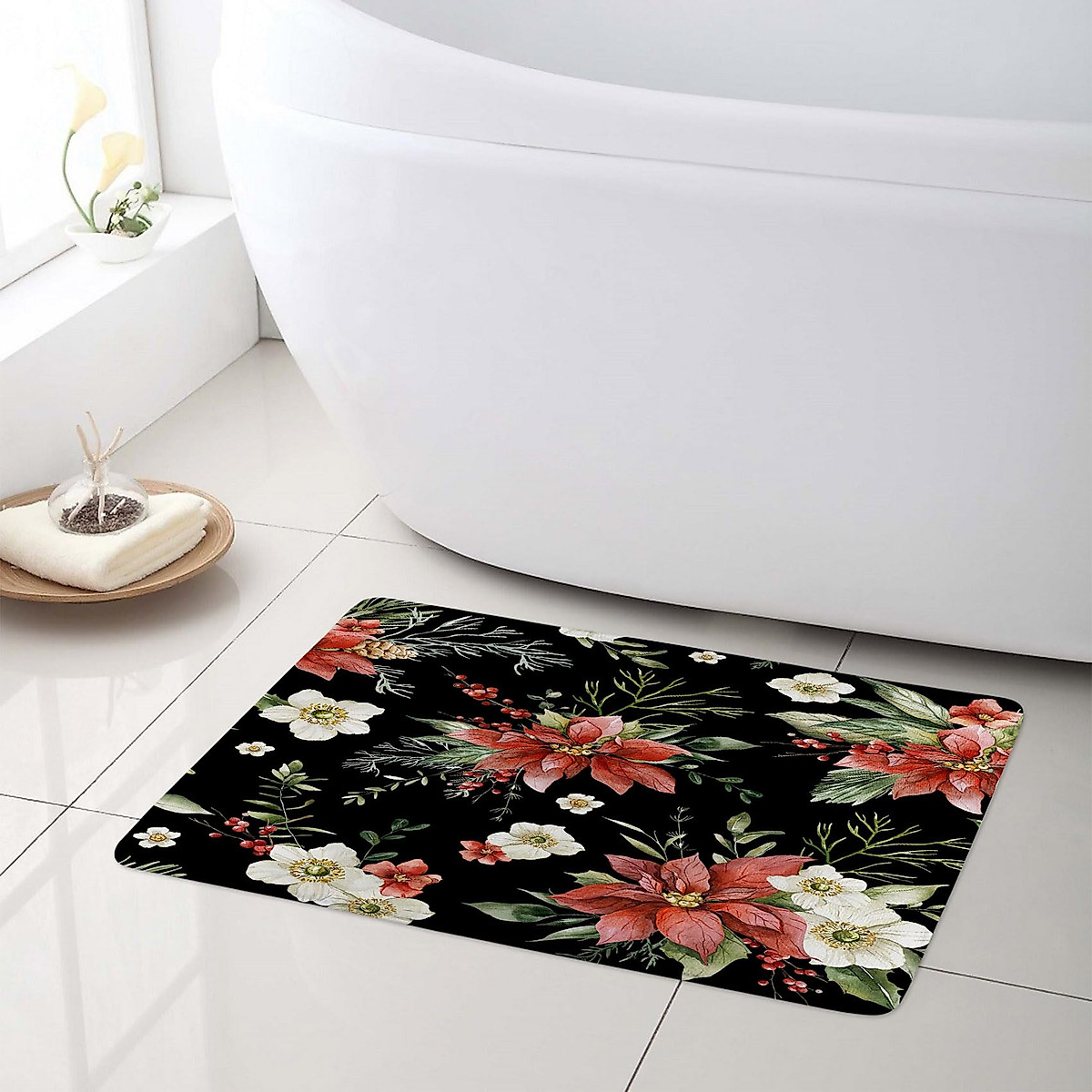 LB Red Floral Bath Mat Christmas Poinsettia on Black Area Rug for Bathroom Rustic Flower with Green Leaf Doormat Non Slip Memory Foam Super Absorbent Floor Mats,24Wx16H Inch