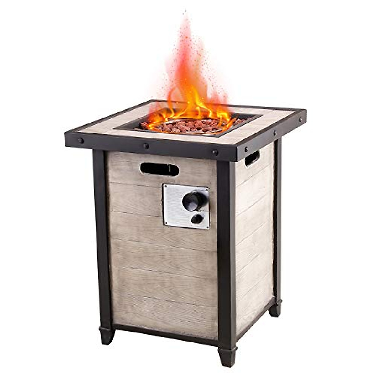 20" Outdoor Patio Propane Fire Pit Table, 40,000 BTU Auto-Ignition Gas Heater Column with Realistic Faux Wood Pattern, ETL Certification, for Outside Garden Backyard Deck