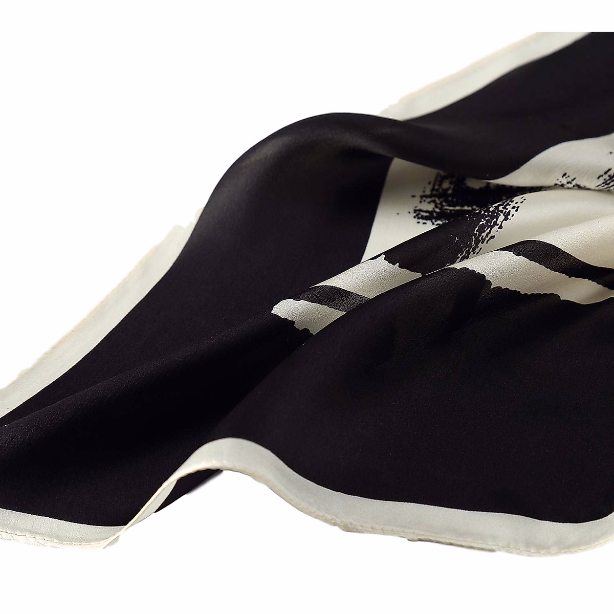 YangtzeStore Long Charmeuse Silk Scarf Floral and Graphic Print (Black White Abstract)