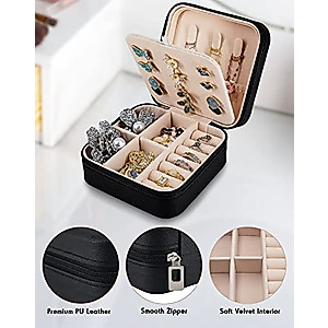 FireKylin Travel Jewelry Case for Women, Small Jewelry Box for Travelling, PU Leather Ring Earring Necklace Bracelet Holder Organizer (Black)