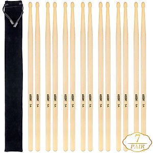 14 Packs 7pairs 5A Natural Drum Sticks,Wood Tip Drumsticks with Waterproof Bag(Maple)