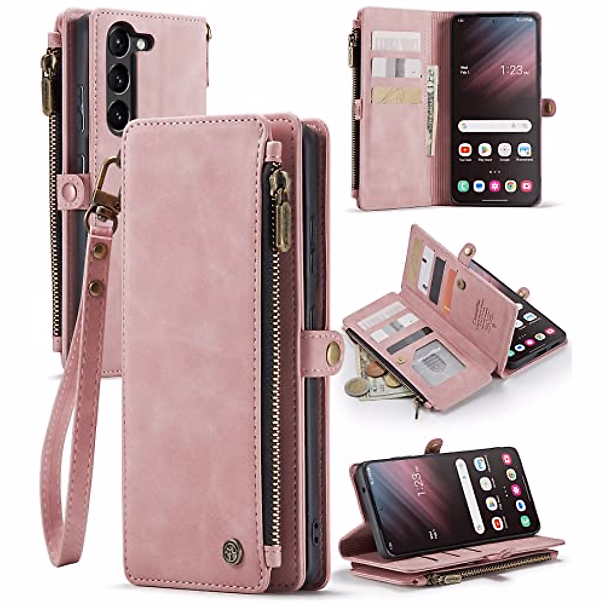 Defencase Samsung Galaxy S23 Plus/ S23+ Case, Samsung S23 Plus Wallet Case for Women Men, Fashion PU Leather Magnetic Flip Strap Zipper Card Holder Phone Case for Galaxy S23 Plus, Elegant Rose Pink
