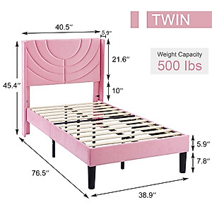 VECELO Twin Upholstered Platform Bed Frame with Fabric Headboard,Wooden Slats Support/No Box Spring Needed/Mattress Foundation for Girls,Boys,Pink