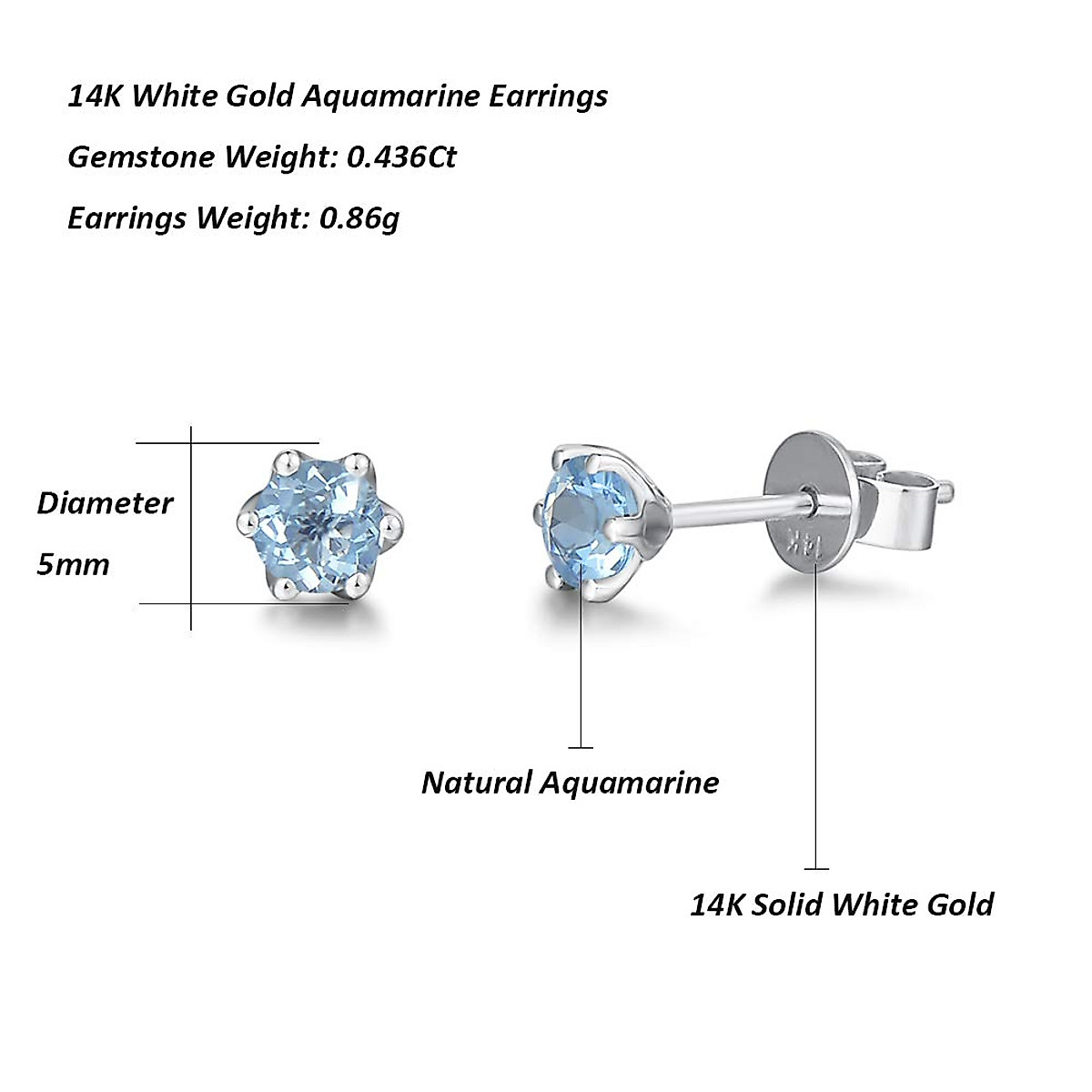 Agvana 14K Solid White Gold Solitaire Tiny 0.44 Carat Aquamarine Stud Earrings for Women March Birthstone Jewelry Anniversary Birthday Gifts for Women Mom Wife Daughter Her