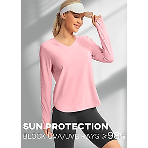 Hiverlay Long Sleeve Workout Shirts for Women V Neck UPF 50+ Athletic Shirts with Thumbhole Running Loose Active T-Shirts Pink s