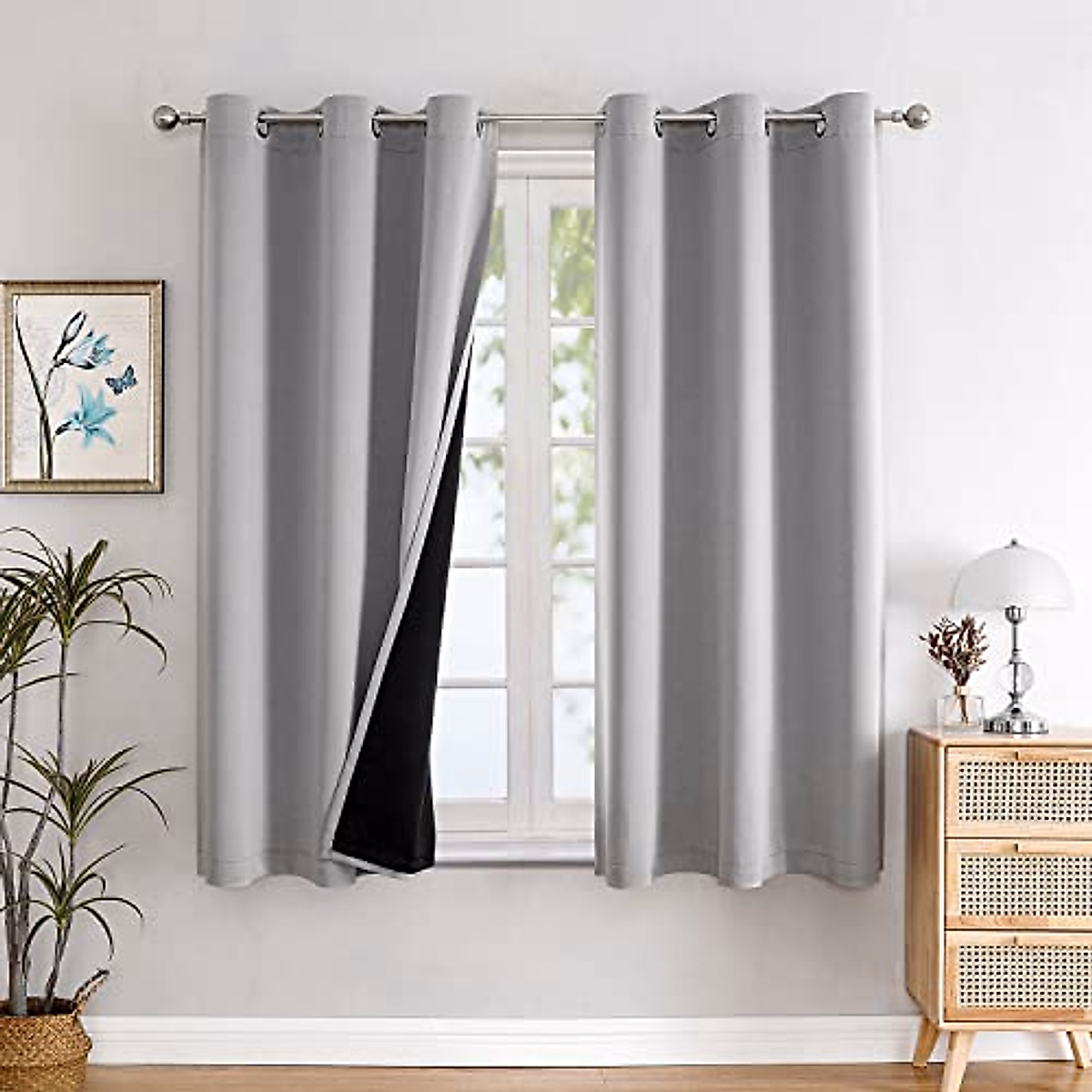 ChrisDowa 100% Blackout Curtains for Bedroom with Black Liner, 2 Thick Layers Total Blackout Thermal Insulated Grommet Window Curtains 63 Inch Length 2 Panels Set (Light Grey, 42 x 63 Inch)