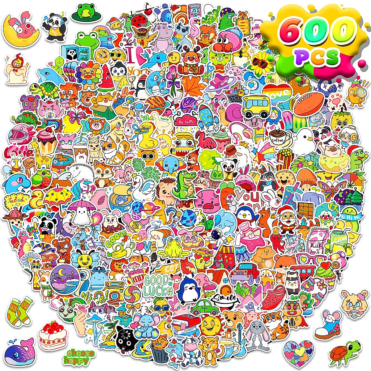 600Pcs Stickers for Kids, Water Bottle Stickers, Vinyl Waterproof Scrapbook Cute Bulk Stickers Pack for Laptop Skateboard Computer Guitar, Mixed Colorful Cool Stickers for Teens Kids Boys Girls