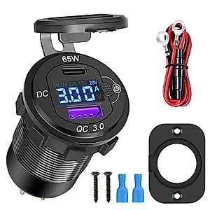 Linkstyle USB Charger Socket, 36W QC3.0 USB A & 65W USB C Socket with Dual Display Voltmeter Voltage for 12/24V Car Marine