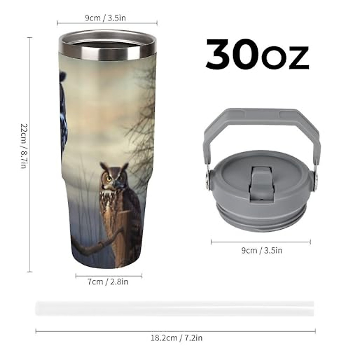 BWQJKUO Large Capacity Car Cup 30 Oz Stainless Steel Owl Sitting Tree Fence Printed Travel Mug Leak-proof Flip Straw Tumbler with Handle,keeps Cold Or Ho