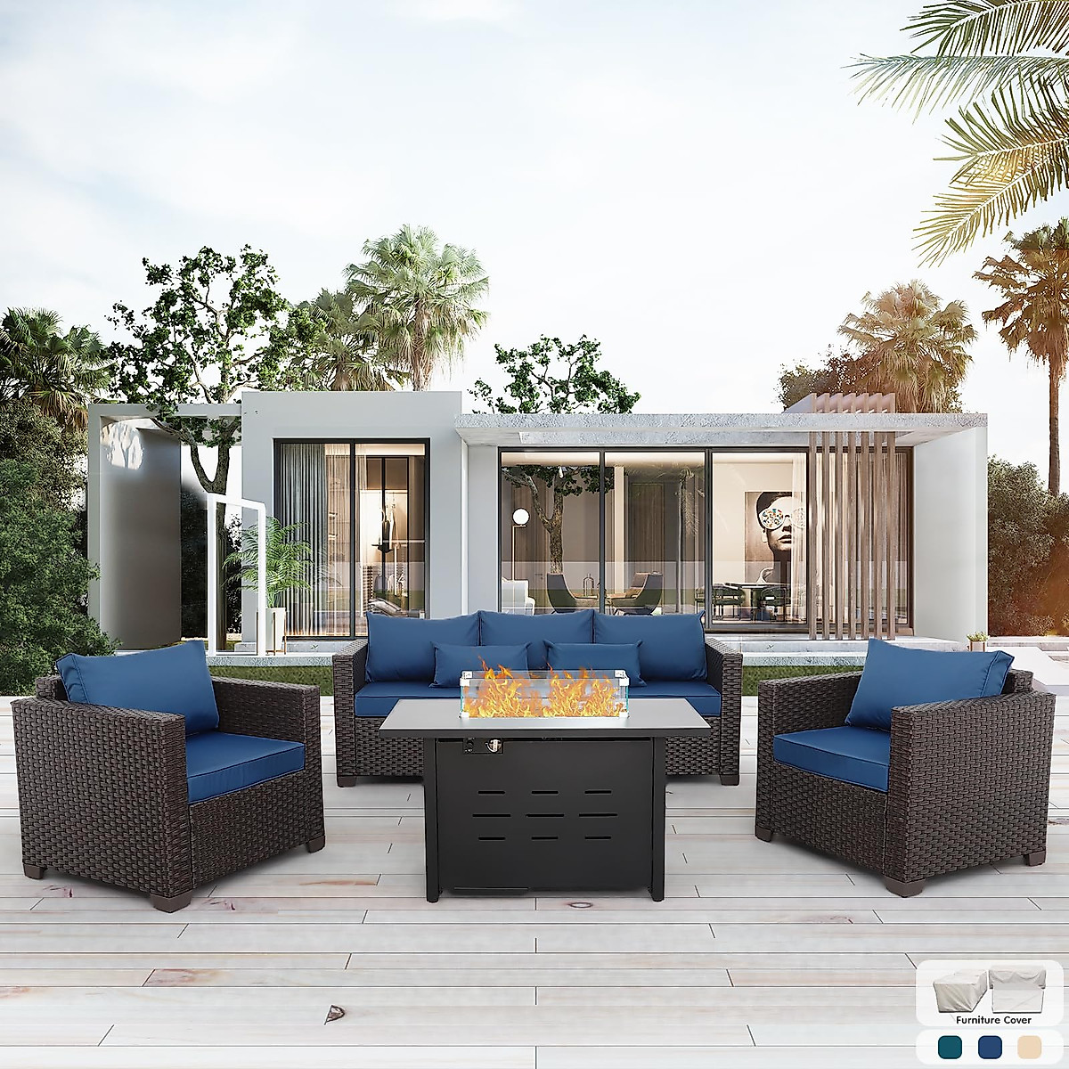4 Piece Patio Furniture Set 45 Inches Fire Pit Table Outdoor Furniture Sets Patio Couch Outdoor Chairs 50000 BTU Propane Fire Pit with Non-Slip Cushions and Waterproof Covers, Navy Blue