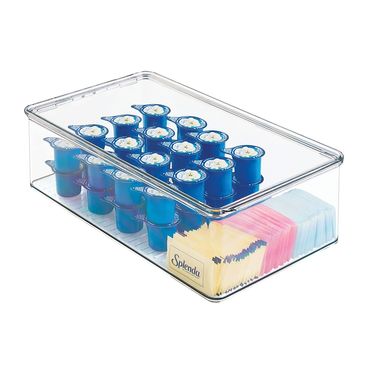 mDesign Plastic Kitchen Pantry and Fridge Storage Organizer Box Containers with Hinged Lid for Shelves or Cabinets, Holds Snacks, Canned Drinks, Condiments, Utensils, Ligne Collection, Clear