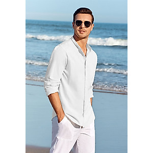 Makkrom Men Linen Shirt Button Down Long Sleeve Cotton Beach Band Collar Casual Summer Shirts