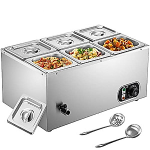Commercial Food Warmer 6 Pan, Stainless Steel Bain Marie - 12.6 Qt Capacity, 1500W, Temperature Control, Electric Soup Warmer with Lids and Ladles
