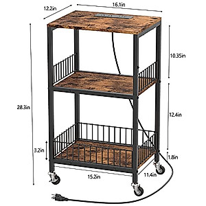 NORCEESAN End Table with Charging Station 3-Tier Side Table with USB Ports and Outlets Nightstand with Wheels Bedside Table with Storage Shelves for Bedroom, Living Room, Rustic Brown