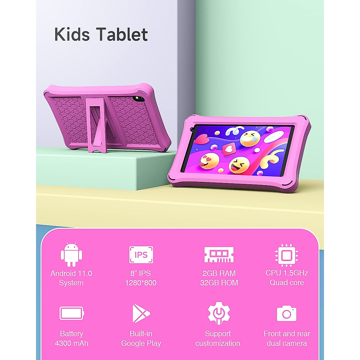 Kids Tablet, 8 inch Tablet for Kids, 2GB RAM 32GB ROM Android Tablets IPS Screen 1280x800, Iwawa & Parent Control Toddler Tablet, WiFi, Dual Camera, 4300mAh Battery, Shockproof Case, Pink