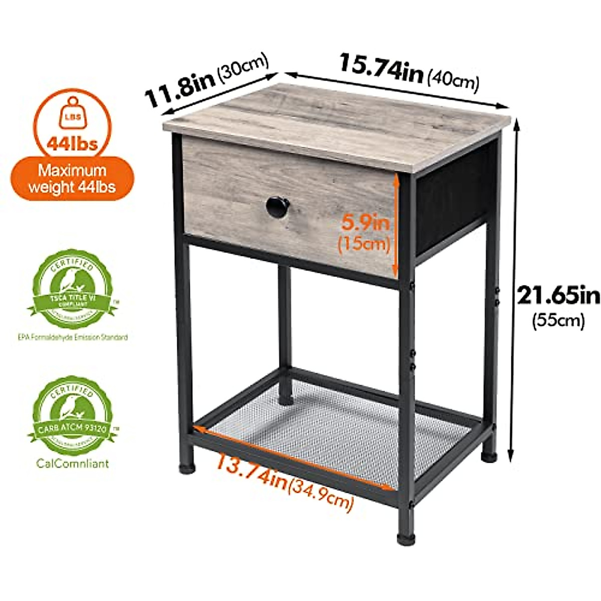 AMHANCIBLE Night Stand Set 2, Small End Side Tables Living Room with Drawer, Industrial Slim Nightstand with Shelf, Bedside Tabes for Bedroom, Wood Metal Accent Furniture, Greige HET03SDGY