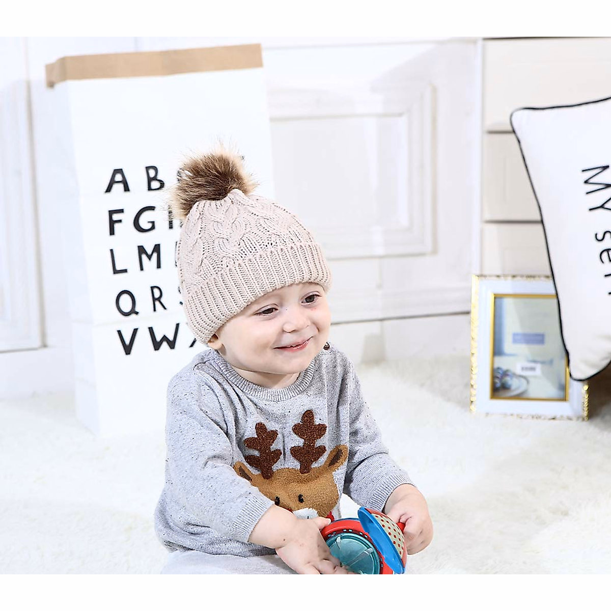 DANMY Baby Beanie Hat, Infant Newborn Toddler Winter Warm Knit Cap for Little Boys Girls, Winter Warm Hat (6-36 Months, white/beige/pink-3PCS)