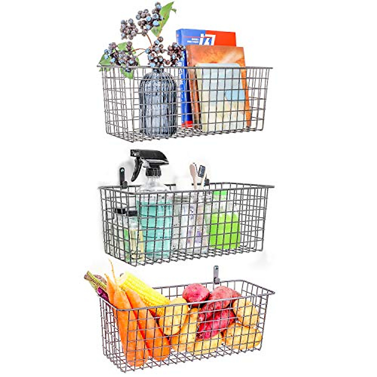 3 Set [Extra Large] Hanging Wall Basket for Storage, Wall Mount Sturdy Steel Wire Baskets, Metal Hang Cabinet Bin Wall Shelves, Rustic Farmhouse Decor, Kitchen Bathroom Organizer, Industrial Gray