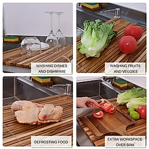 HTB Over Sink Dish Drying Rack 17.8'' x 16.1, Kitchen Teak Wood Roll Up Dish Drying Rack for Dishes,Plates, Bowls, Wooden Sink Cover for Counter Space