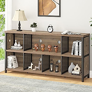 LVB Industrial Horizontal Bookshelf, 4 5 6 7 8 Cube Storage Organizer Bookcase, Modern Wide Large Book Shelf for Bedroom Living Room, Rustic Low Long Wood Metal Office Cubby Shelf, Rustic Oak, 63 Inch