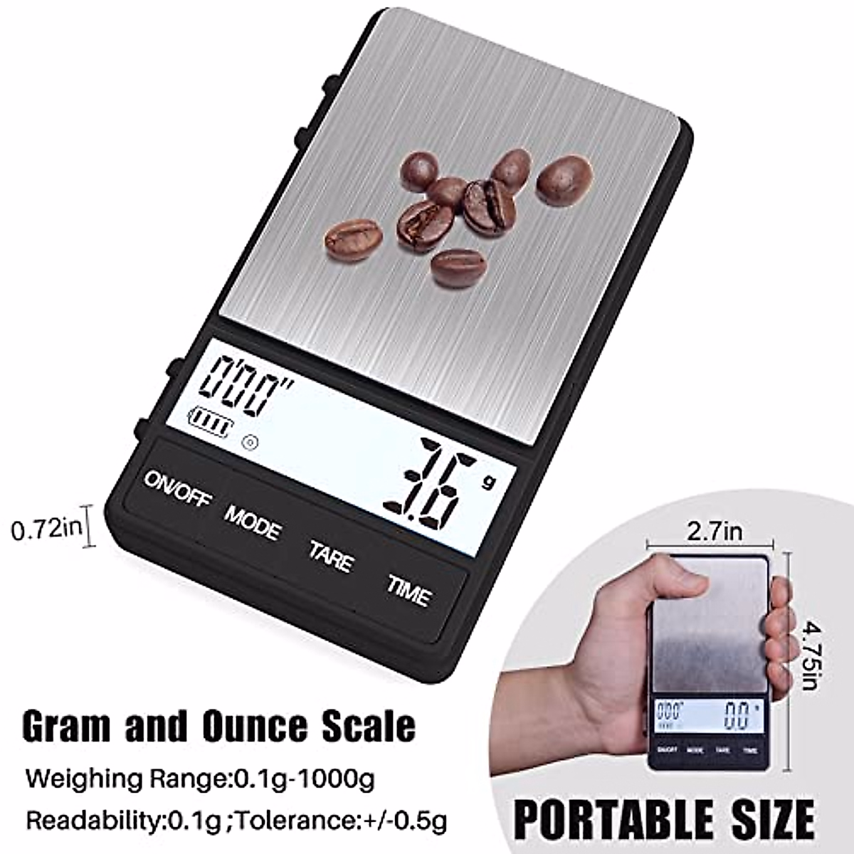 Weightman Espresso Scale with Timer 1000g x 0.1g Small & Thin Travel Coffee Scale, Mini Digital Scale Grams and Ounces with Large Backlit LCD Stainless Steel Pocket Food Scale Drip Tray Pulling Scale