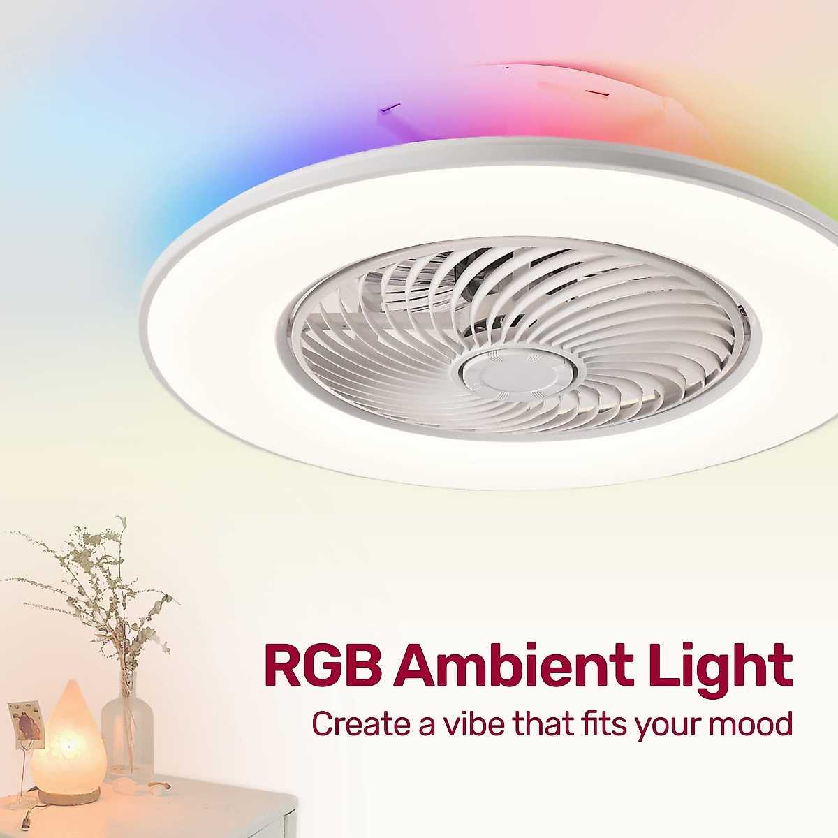 YANASO Hue Ceiling Fan - Bladeless Ceiling Fan with Lights with Alexa/Google Assistant/App Control Color Changing LED-RGB Back Ambient Light for Living Room Bedroom Kitchen,Low Profile(Black)