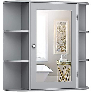 Moccha Bathroom Cabinet, Mirrored Wall Mounted Medicine Cabinet with Mirrored Door and 6 Open Shelves, Floating Shelf, Dressing Mirror with Storage Cabinet, Suitable for Foyer, Living Room (Gray)