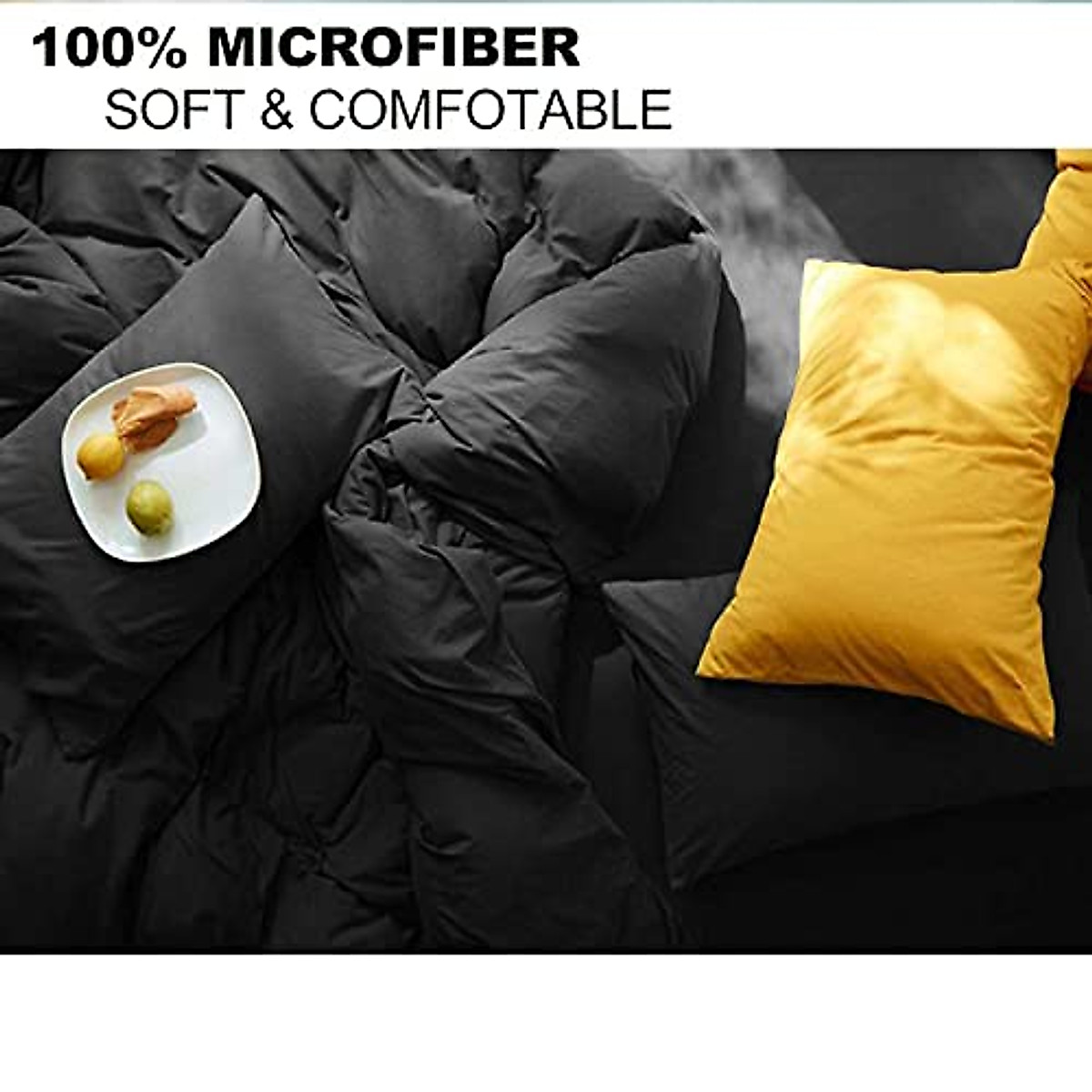 Nanko Queen Duvet Cover Set Black 3pc 90x90 Luxury Microfiber Down Comforter Quilt Bedding Cover with Deco Buttons Zip Closure Ties - Modern Style for Men and Women Chambray Teen