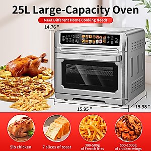 SEEDEEM Air Fryer Toaster Oven, 25L Countertop Convection Oven with Color LCD Display and Touch Screen, 14-in-1 Functions, Stainless Steel Smart Oven with Preset and Timer, Silver Metallic