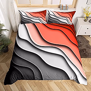 Erosebridal Coastline Beach Bed Set Sea Duvet Cover, Abstract Art Bedding Set Full Gray Black Red Ombre Comforter Cover, Modern Aesthetic Bed Cover with Zipper Closure Summer Beach Farmhouse Decor