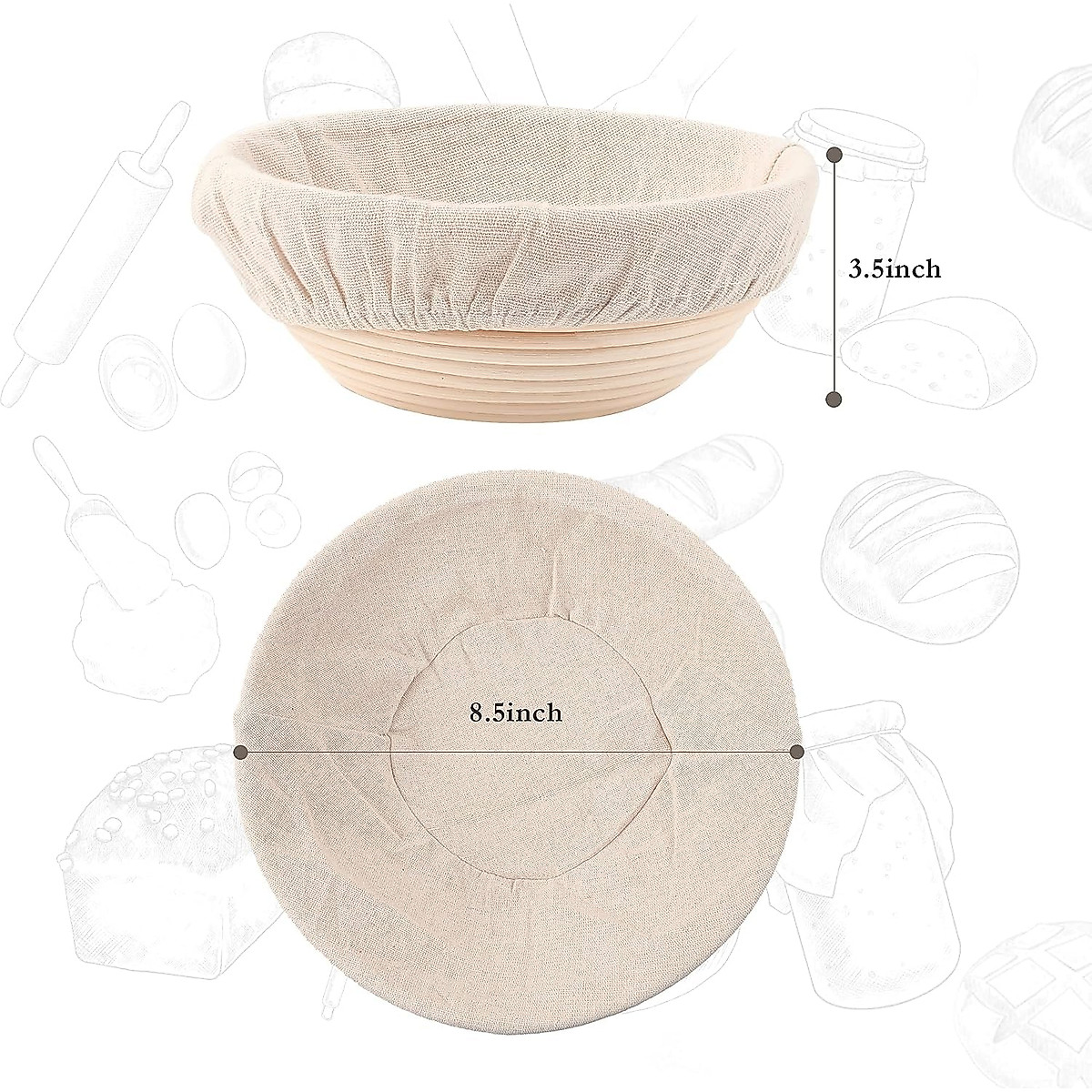 Joyyy Sourdough Bread Proofing Baskets with Liner, Dough Rising Ratten Bowl for Bread Making and Baking, Round, 8.5 inch