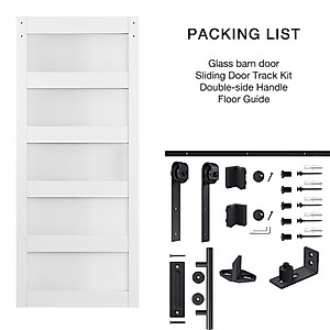 COSHOMER 36in x 84in 5-Panel Sliding Glass Barn Door with 6.6ft Hardware Kit Included, Easy Assembly with Pre-Drilled Holes, Waterproof, Frosted Glass for Bathroom-Fit Max Opening 34in x 82in, White